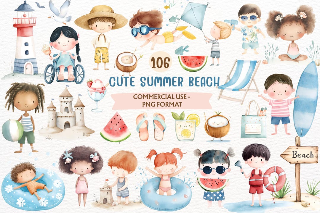 Cute Summer Beach Clipart / Watercolor Baby Clipart Ocean / Nursery ...