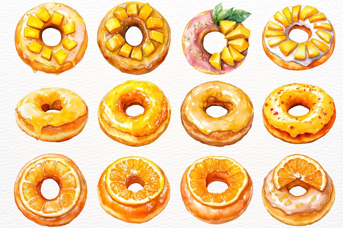 Watercolor Donuts Clipart, Bakery Food PNG, Fruits Desserts Bundle ...