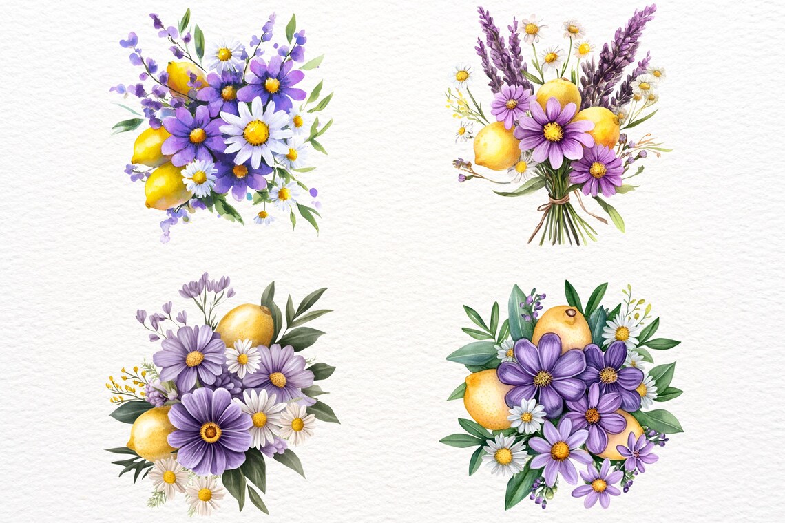 Watercolor Lemon, Summer Flowers Clipart, Mediterranean PNG, Floral ...