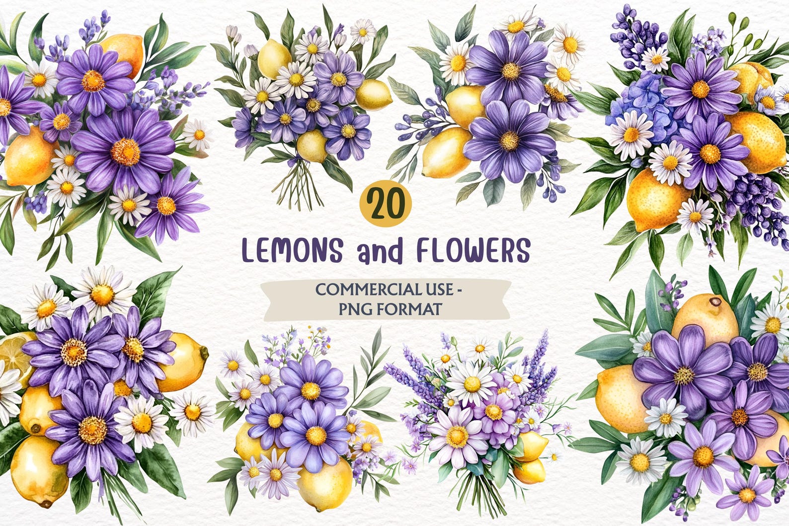 Watercolor Lemon, Summer Flowers Clipart, Mediterranean PNG, Floral ...