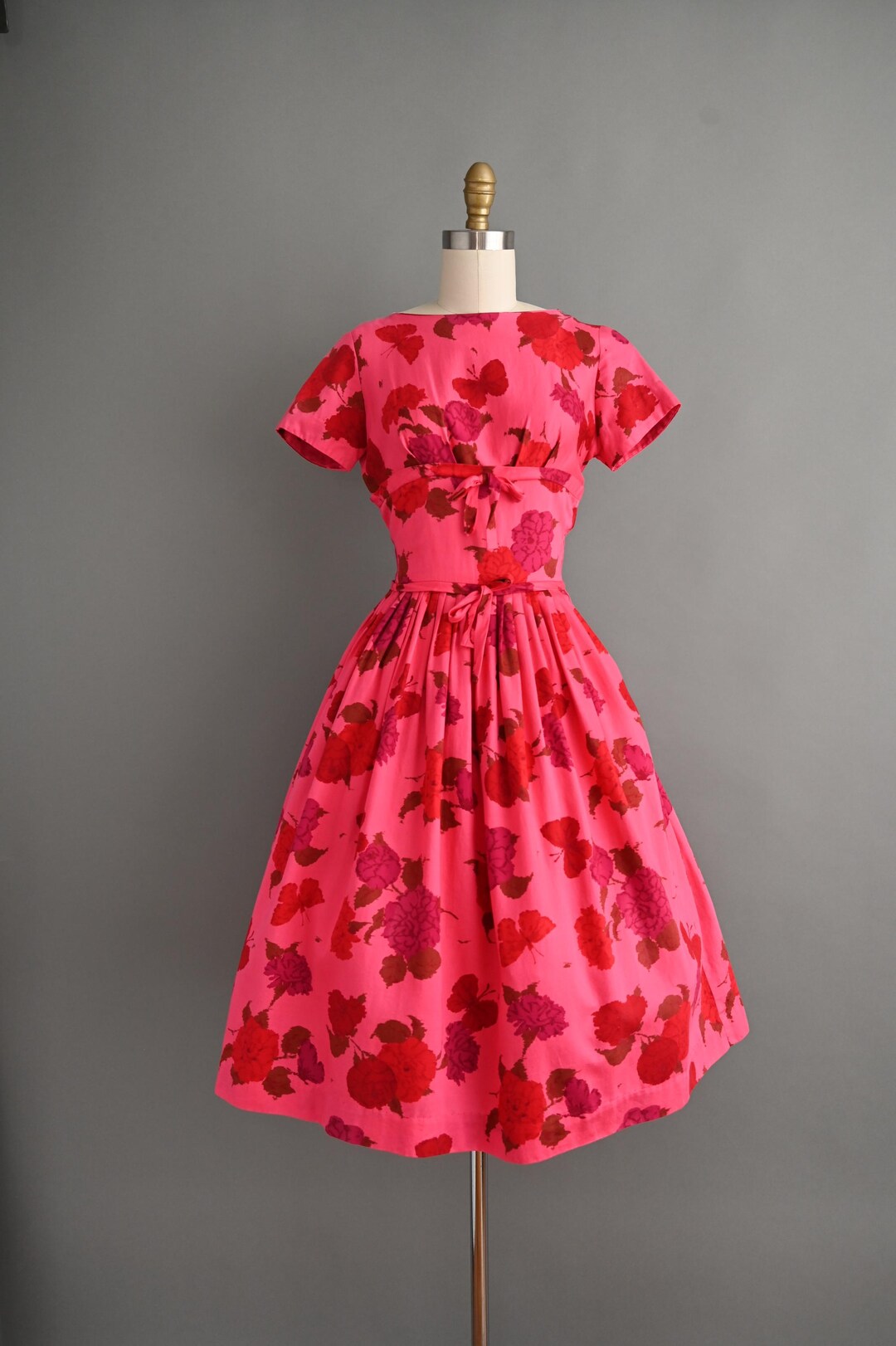 Vintage 1950s Dress | Gorgeous Carol Rodgers Polished Cotton Rose Floral Print Full Skirt Dress ...