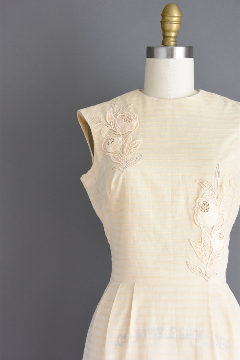 Vintage 1950s Dress Carlye Ivory Cotton Floral Appliqués Etsy