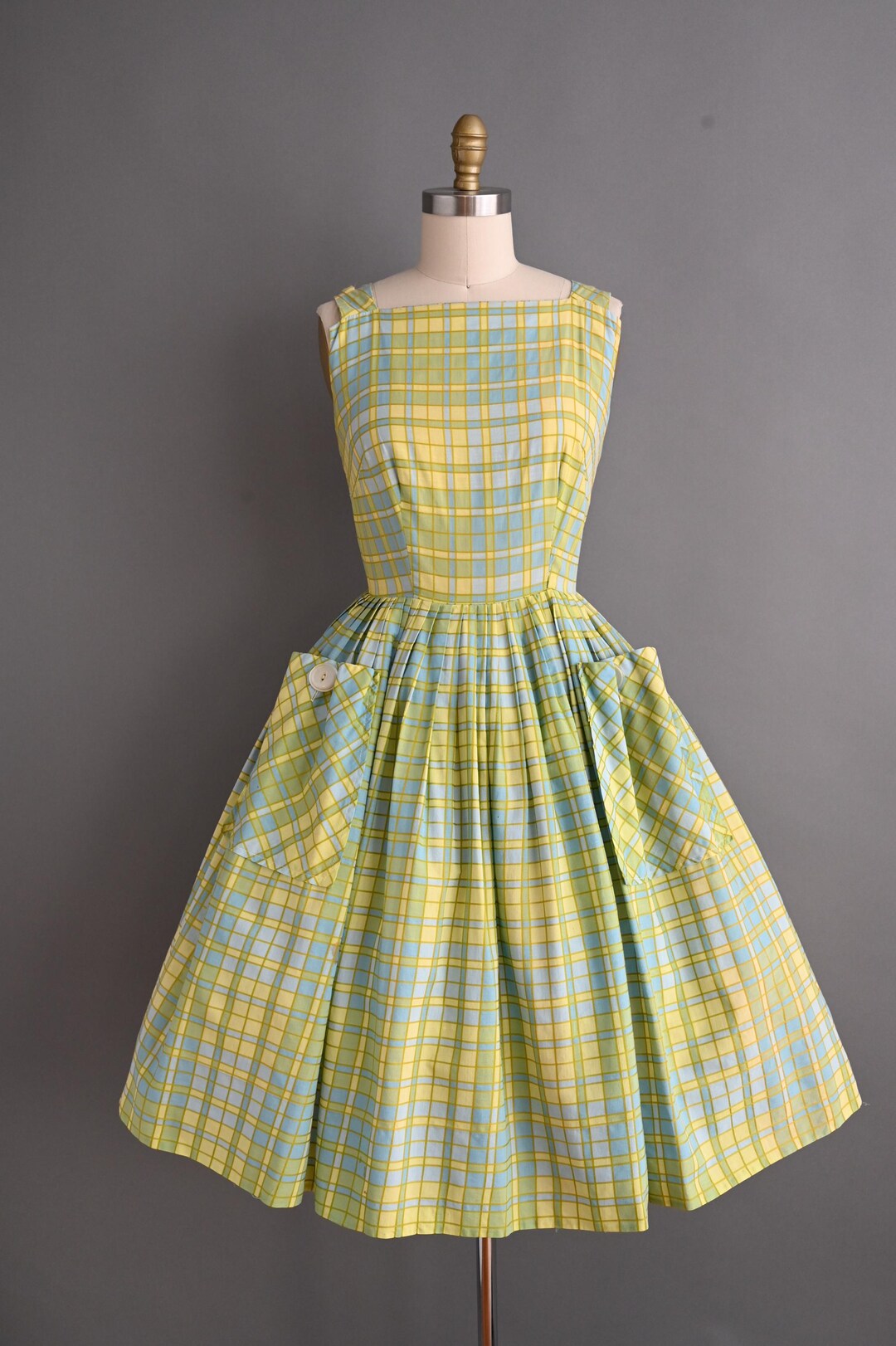 Vintage 1950s Dress | Leo Danal Mint Green Plaid Print Cotton Full ...