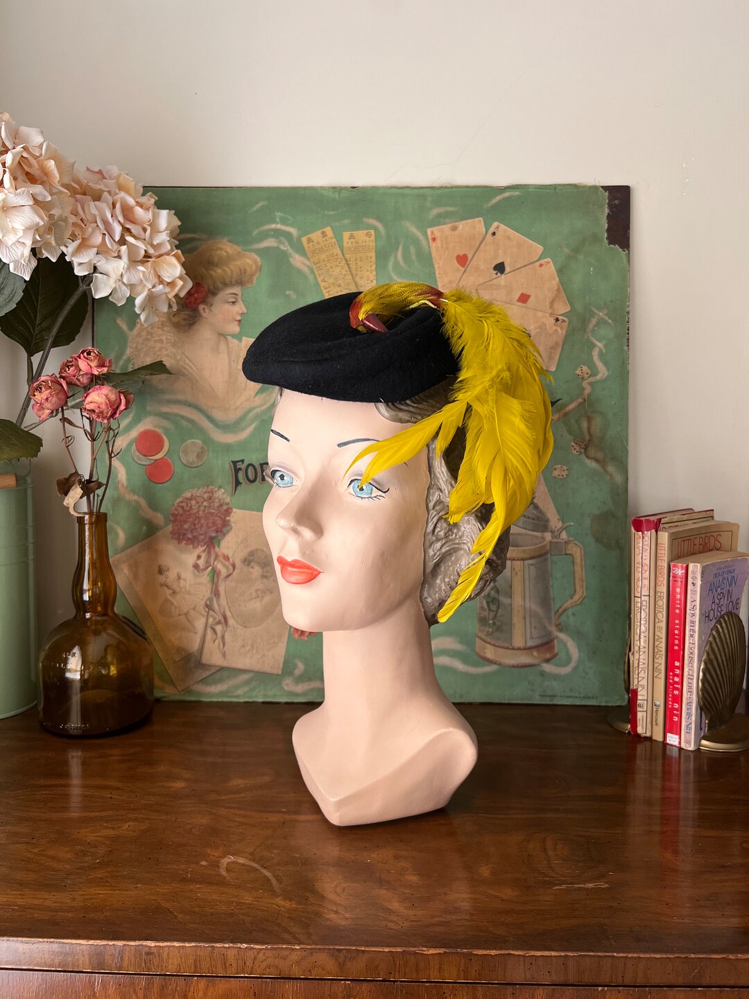 Vintage 1940s Rare Chartreuse Feather Bird Topper Fascinator Hat - Etsy