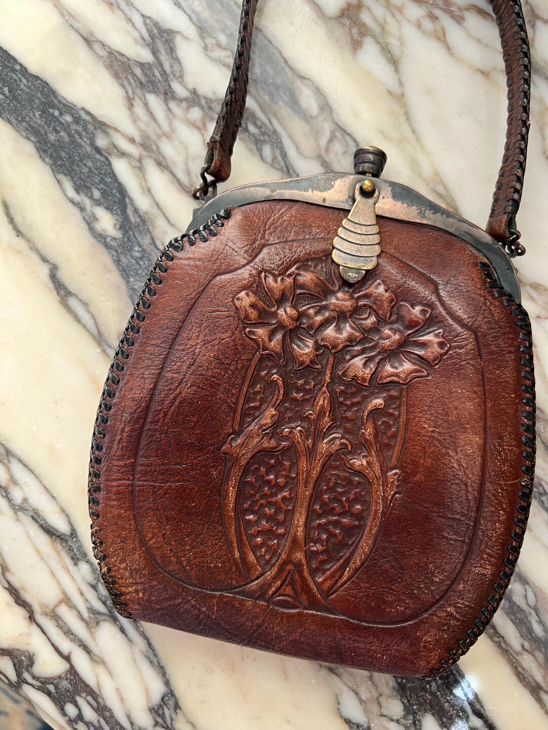 Antique 1920s Art Nouveau Leather Handbag Purse | Vintage 1920s Purse ...