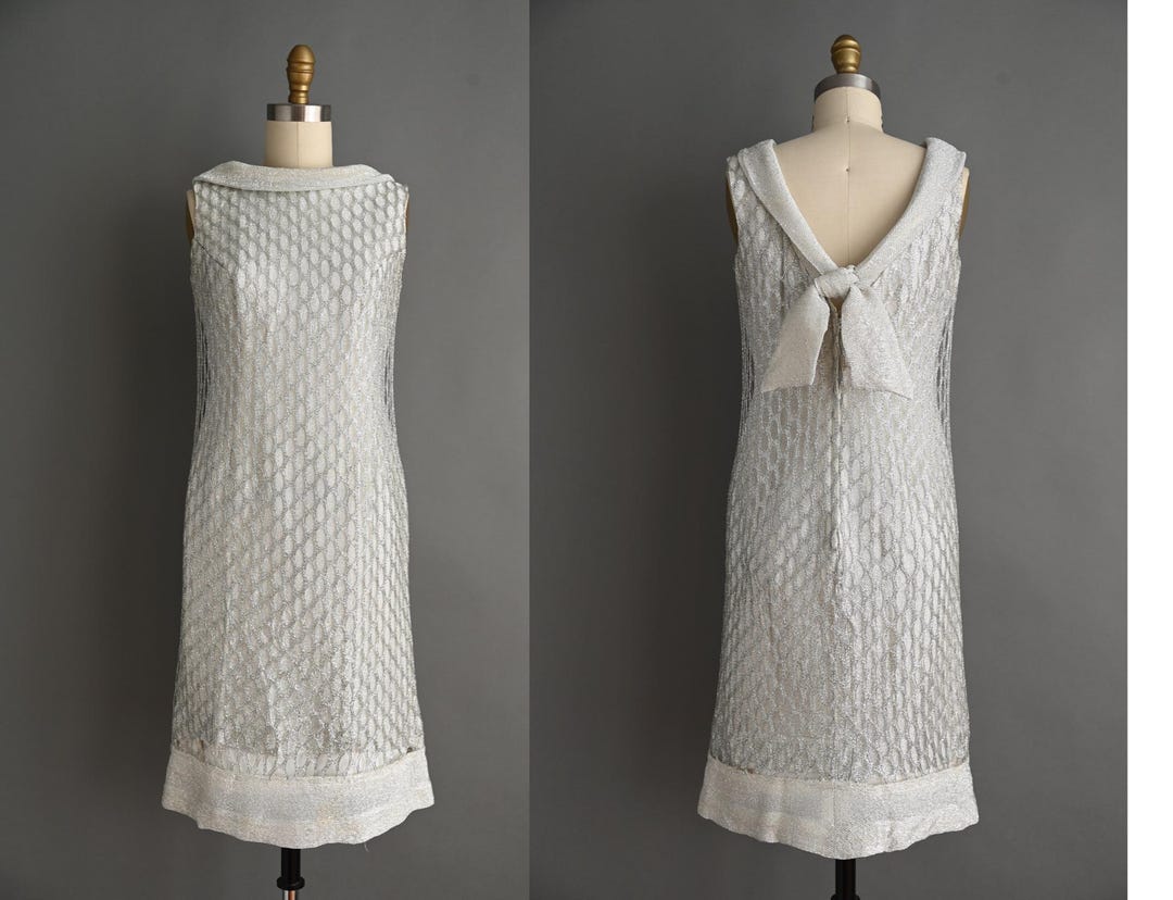 Vintage 1960s Dress | Metallic Silver Fishnet NYE Party Dress | Small ...