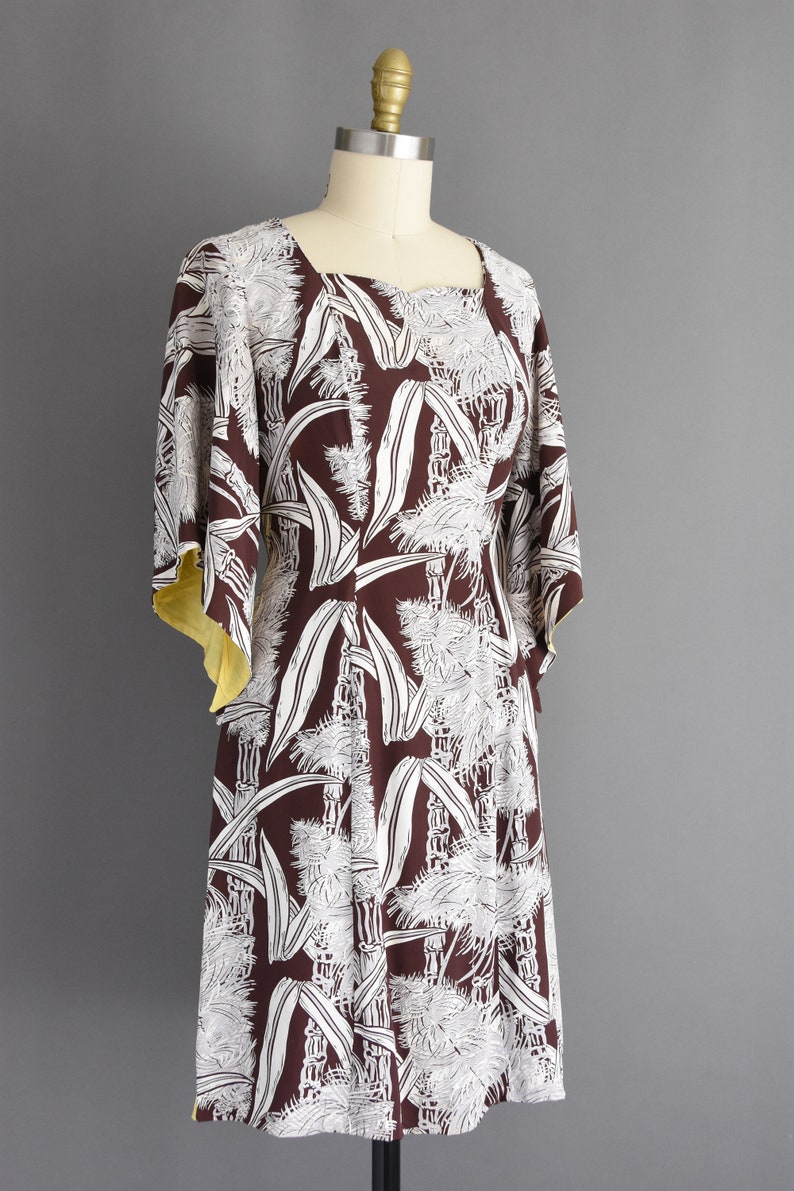 1950s Dress | Paka Muu Hawaiian Brown Rayon Novelty Print Angel Wing ...