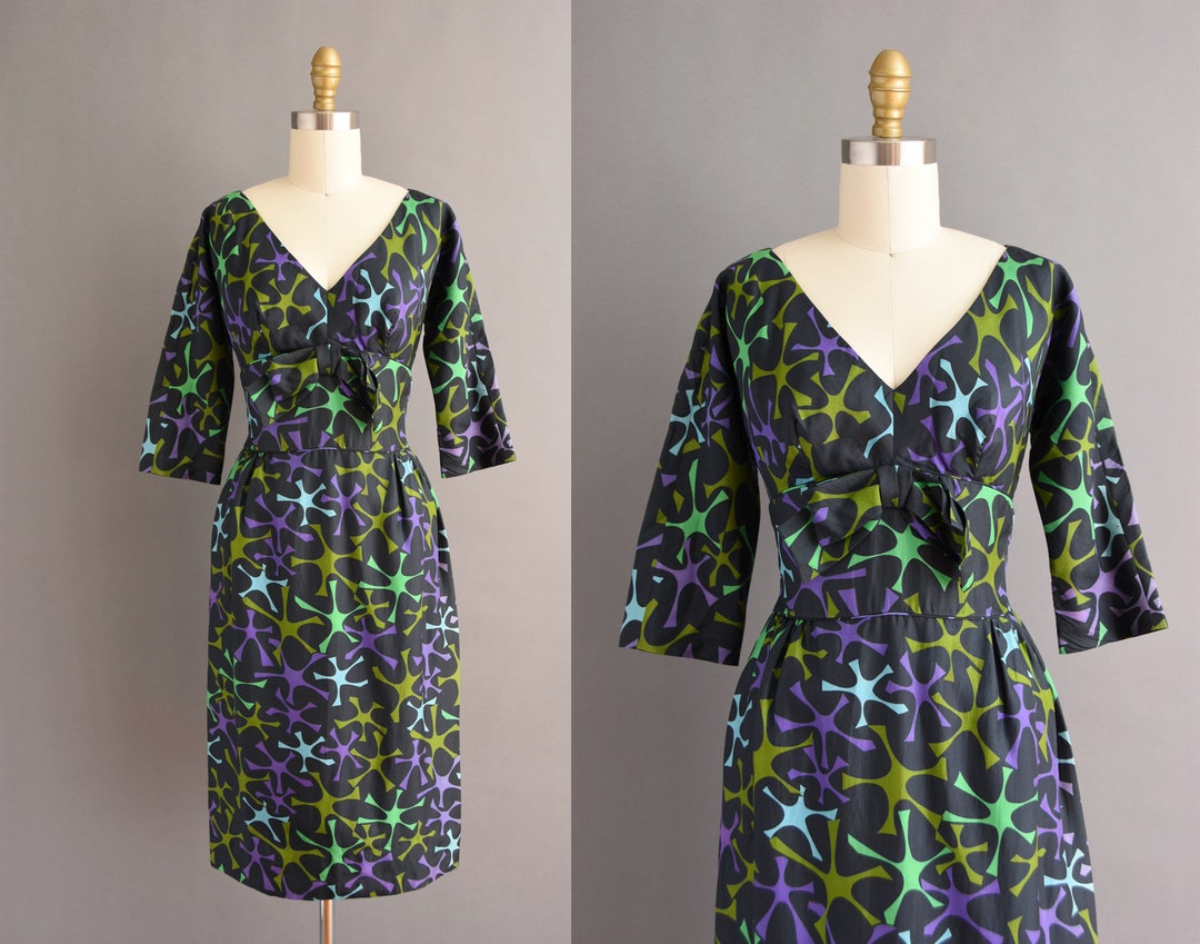 Vintage 1950s Dress L Betty Carol Silk Print Cocktail Wiggle Dress L ...