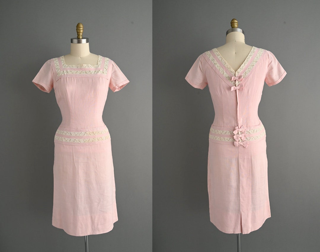 Vintage 1950s Pink Linen Lace Wiggle Dress Medium - Etsy