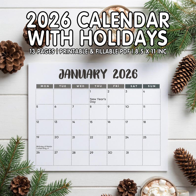 Calendario 2026 con festivos imprimible en PDF (8,5 x 11 pulgadas ...