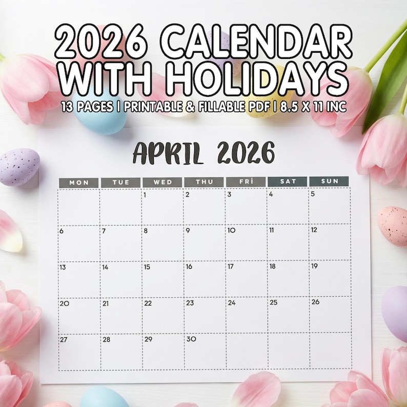 2026 Calendar With Holidays Printable PDF 8.5x11 Landscape | Fillable ...