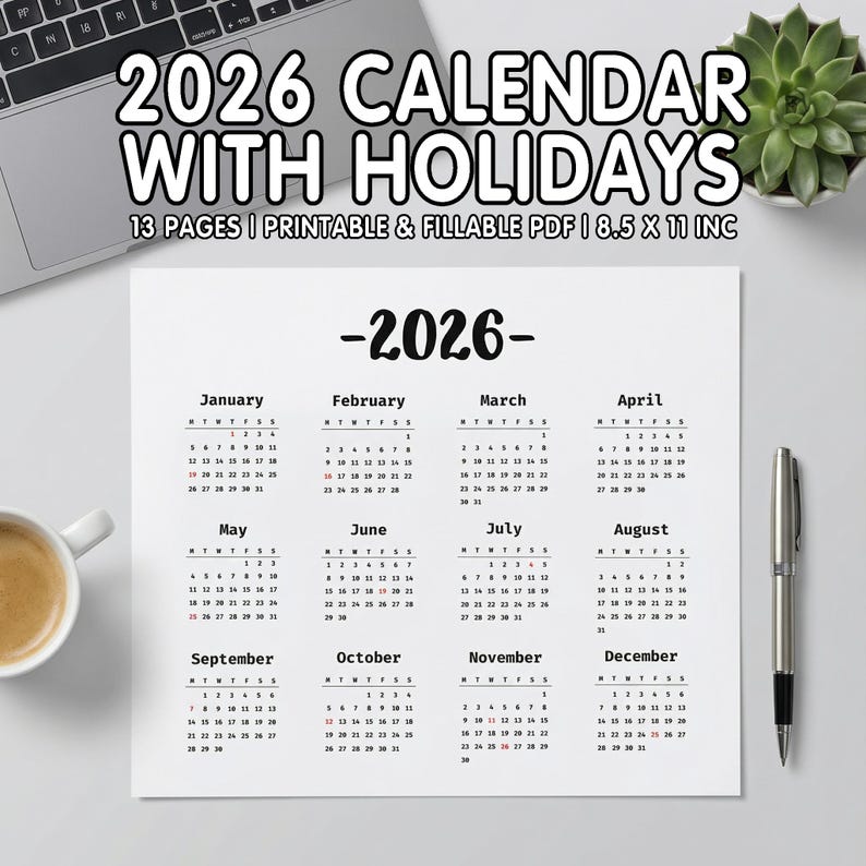 2026 Calendar With Holidays Printable PDF 8.5x11 Landscape | Fillable ...