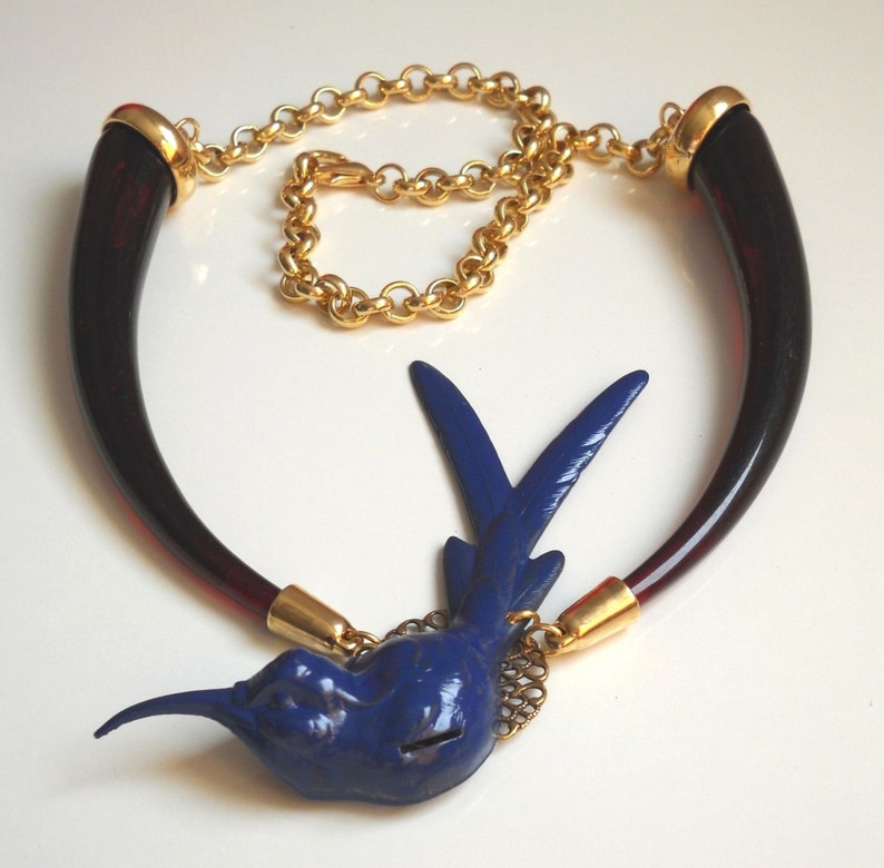 Blue Hummingbird Pendant Necklace Enamel Amber Gold Vintage Style ...
