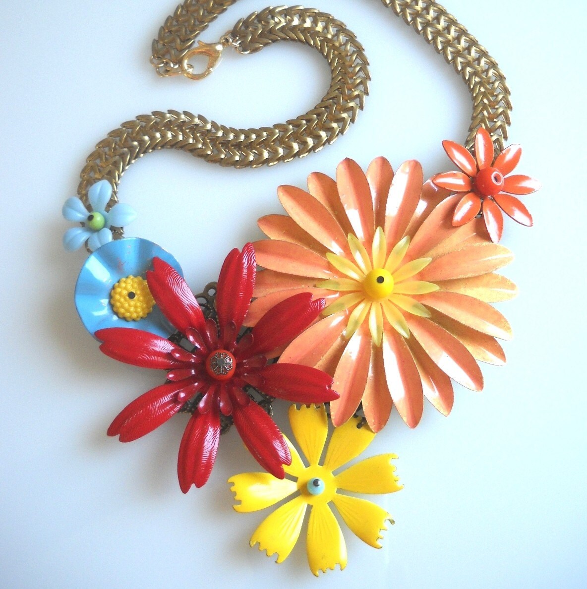Flowers Statement Necklace Colorful Jewelry Peach Red Yellow Blue ...
