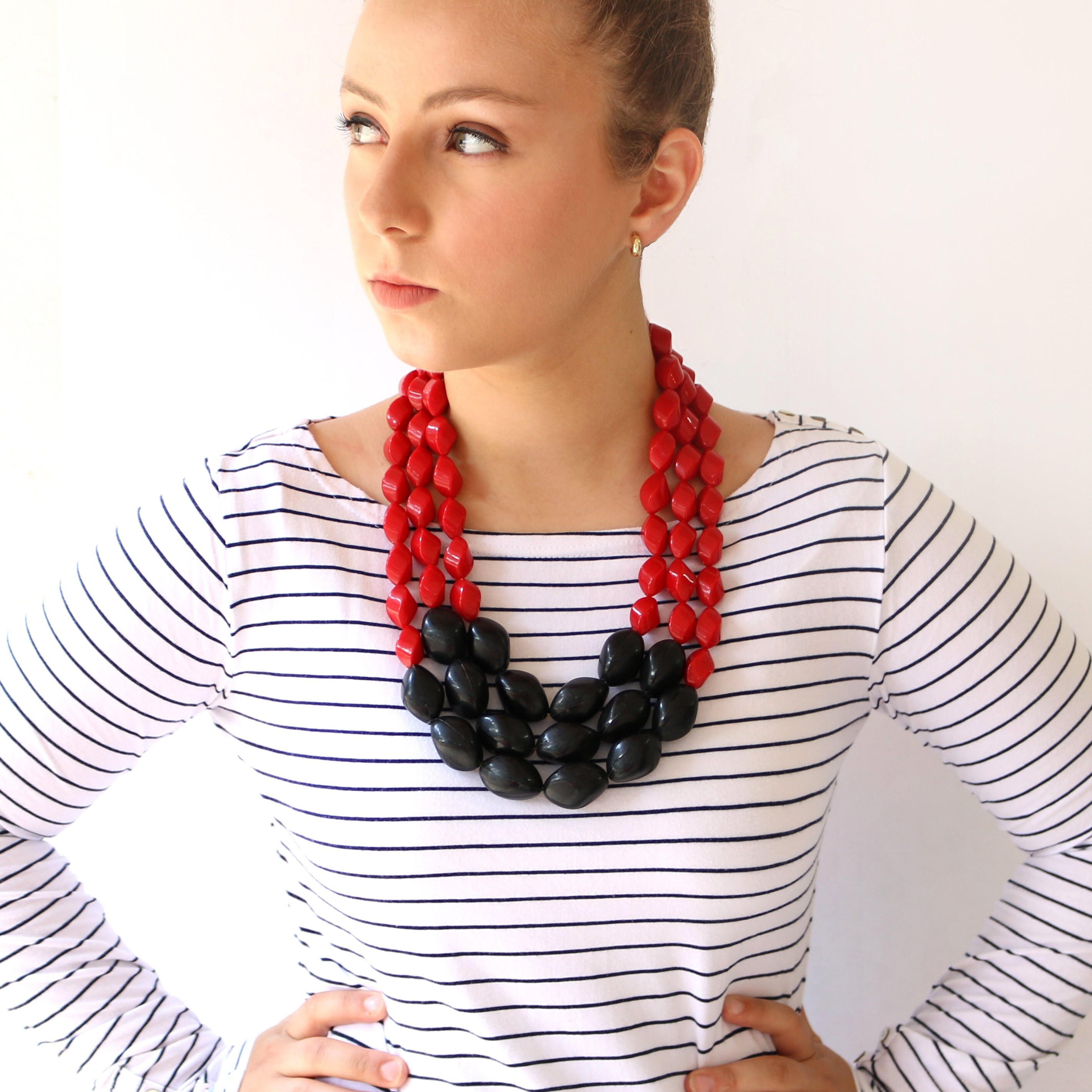 Red Multi Strand Necklace, Bold Statement Necklace, Handmade Beaded ...