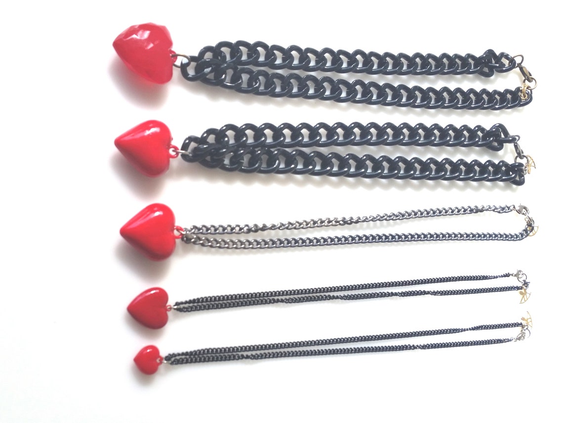 Red Heart Pendant Necklace Black Chunky Chain Statement - Etsy