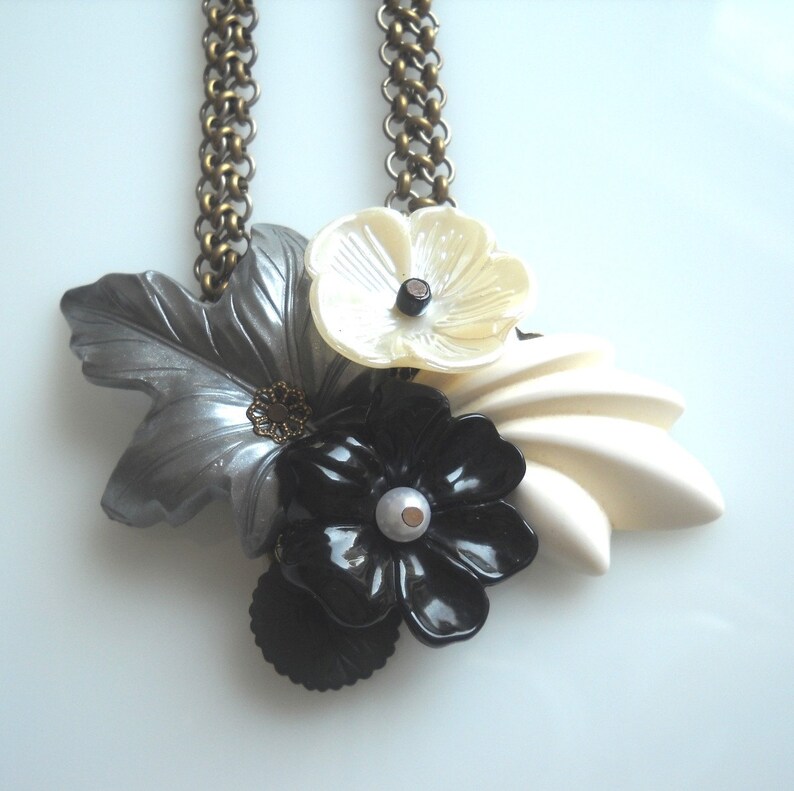 Prom Statement Necklace in Black and White, Flowers Lightweight ...