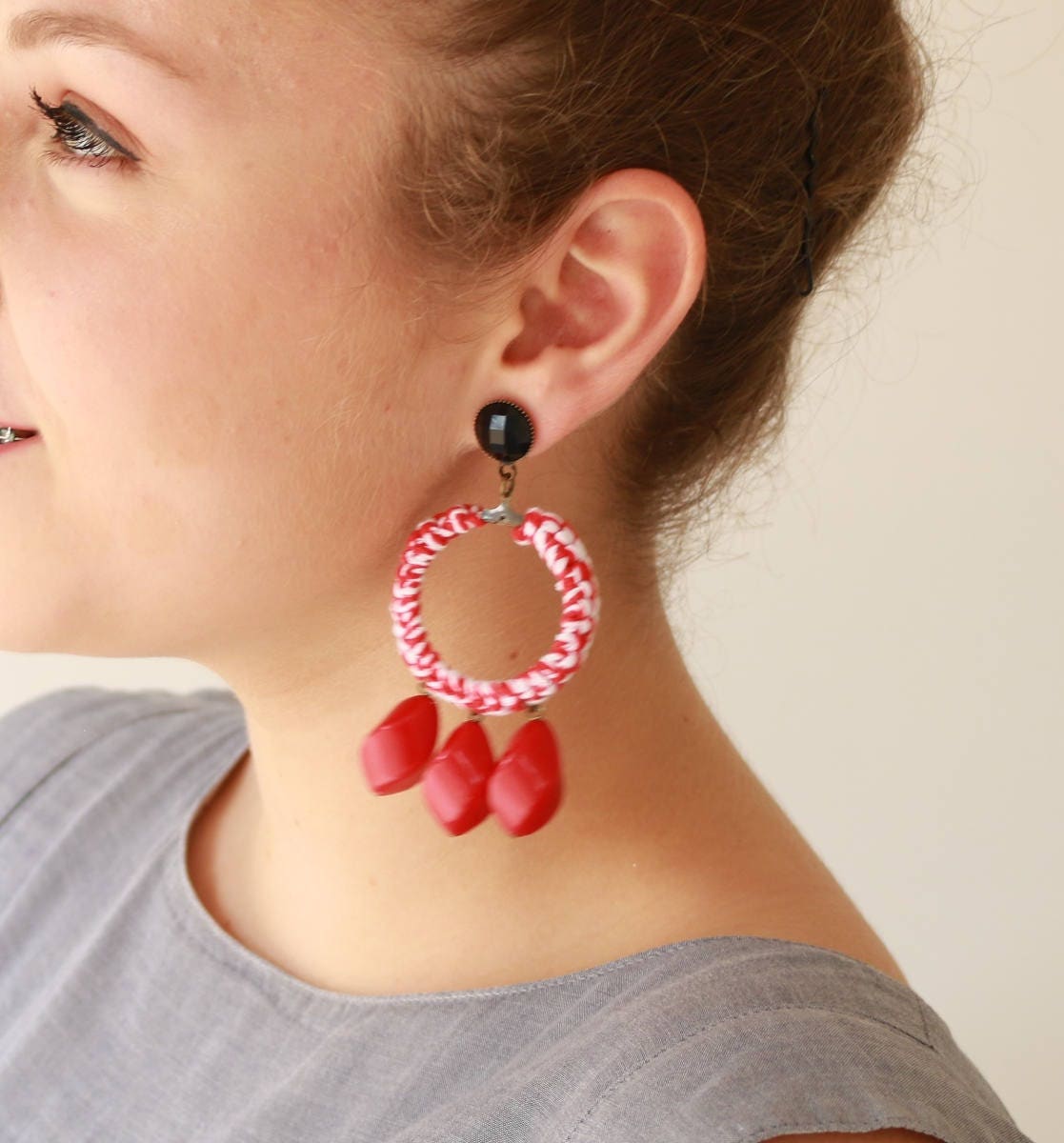 Red Earrings , Statement Earrings, Textile and Bead Hoop Earrings ...