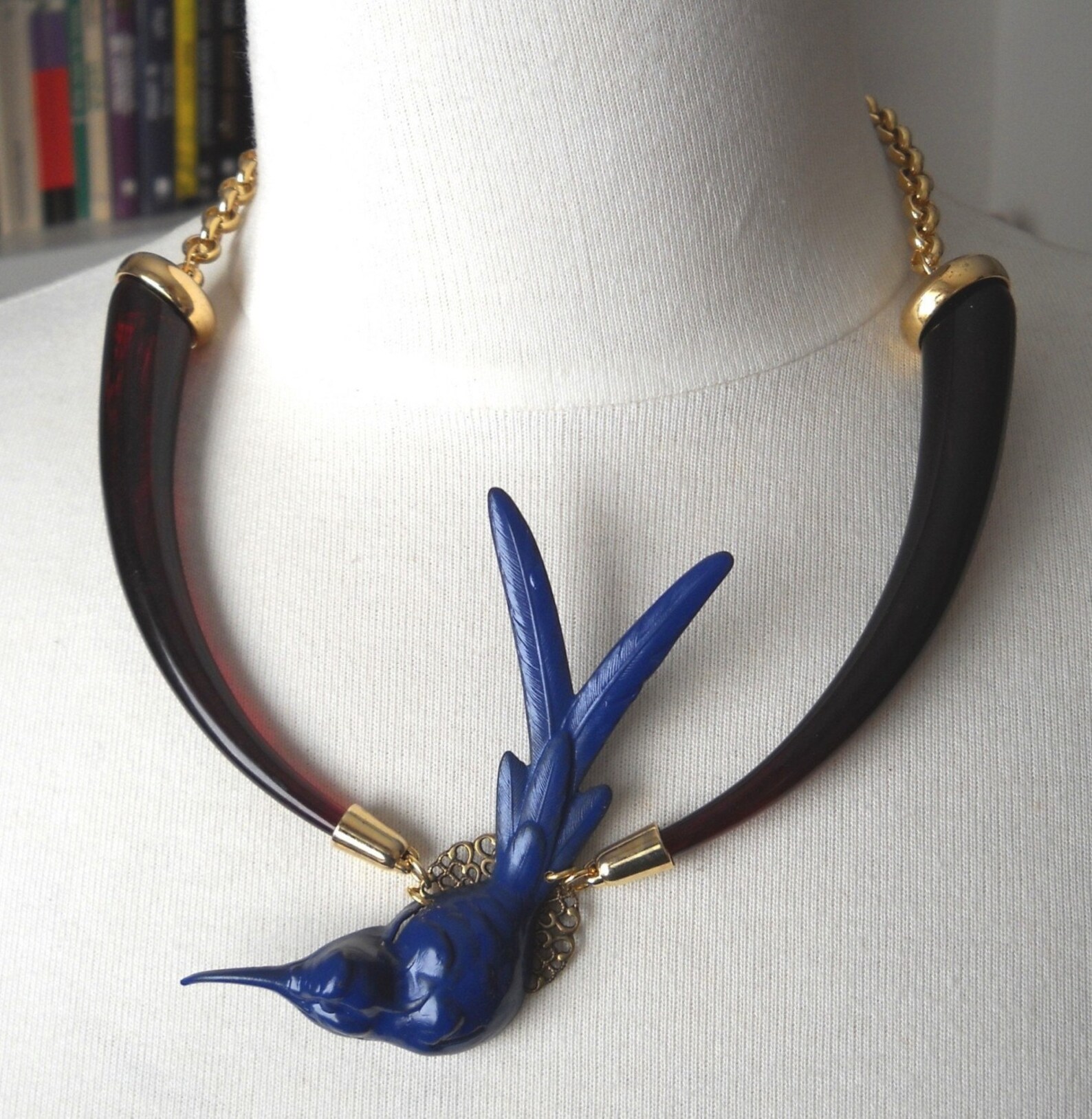 Blue Hummingbird Pendant Necklace Enamel Amber Gold Vintage Style ...
