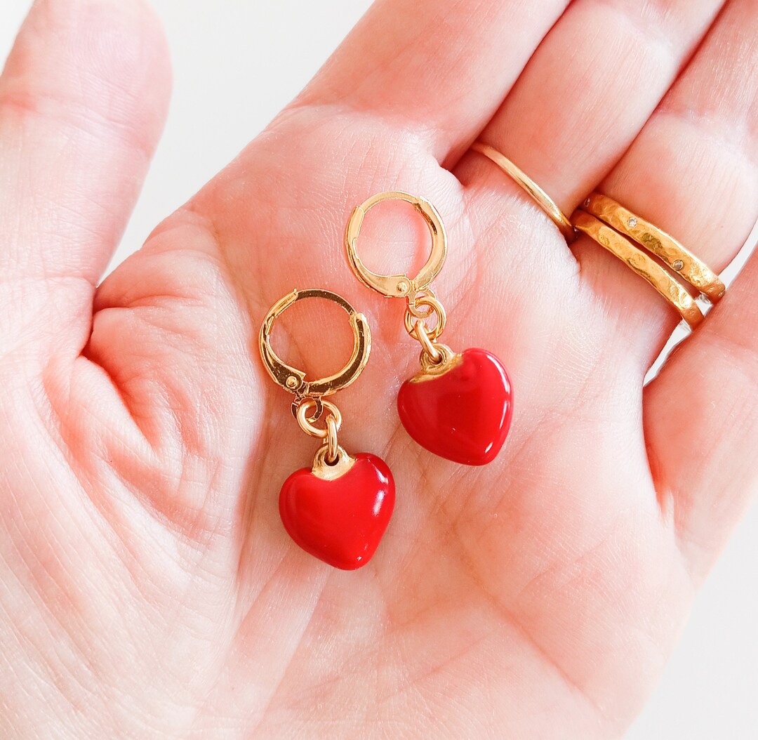 Red Heart Drop Earrings, Red Heart Earrings, Small Heart Earrings ...