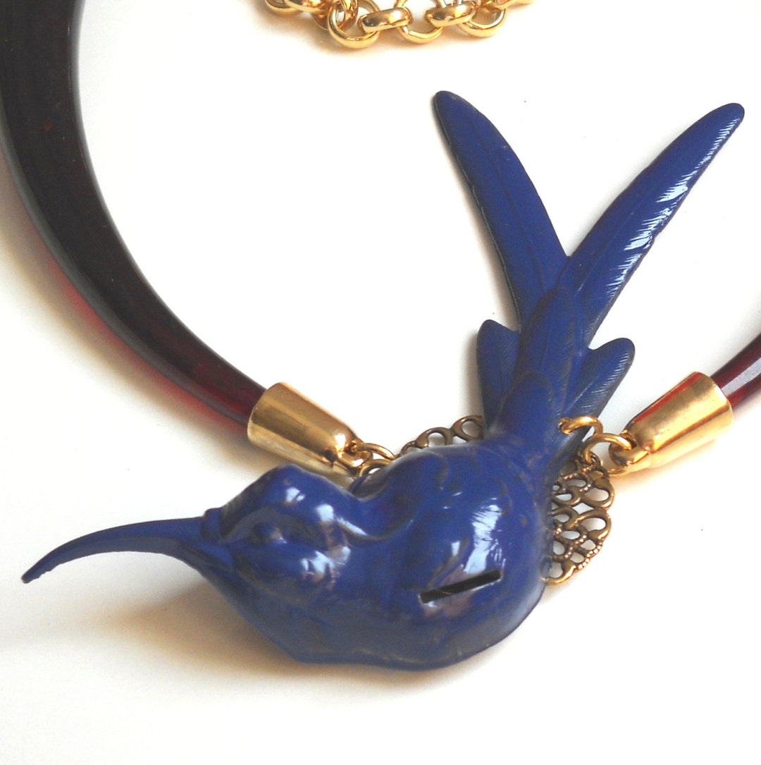 Blue Hummingbird Pendant Necklace Enamel Amber Gold Vintage Style ...