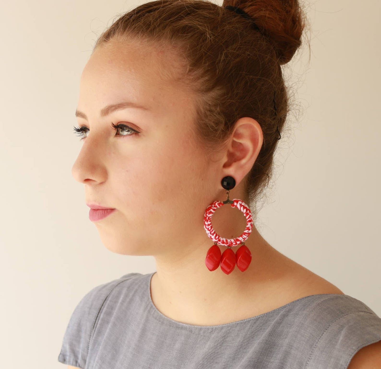 Red Earrings , Statement Earrings, Textile and Bead Hoop Earrings ...