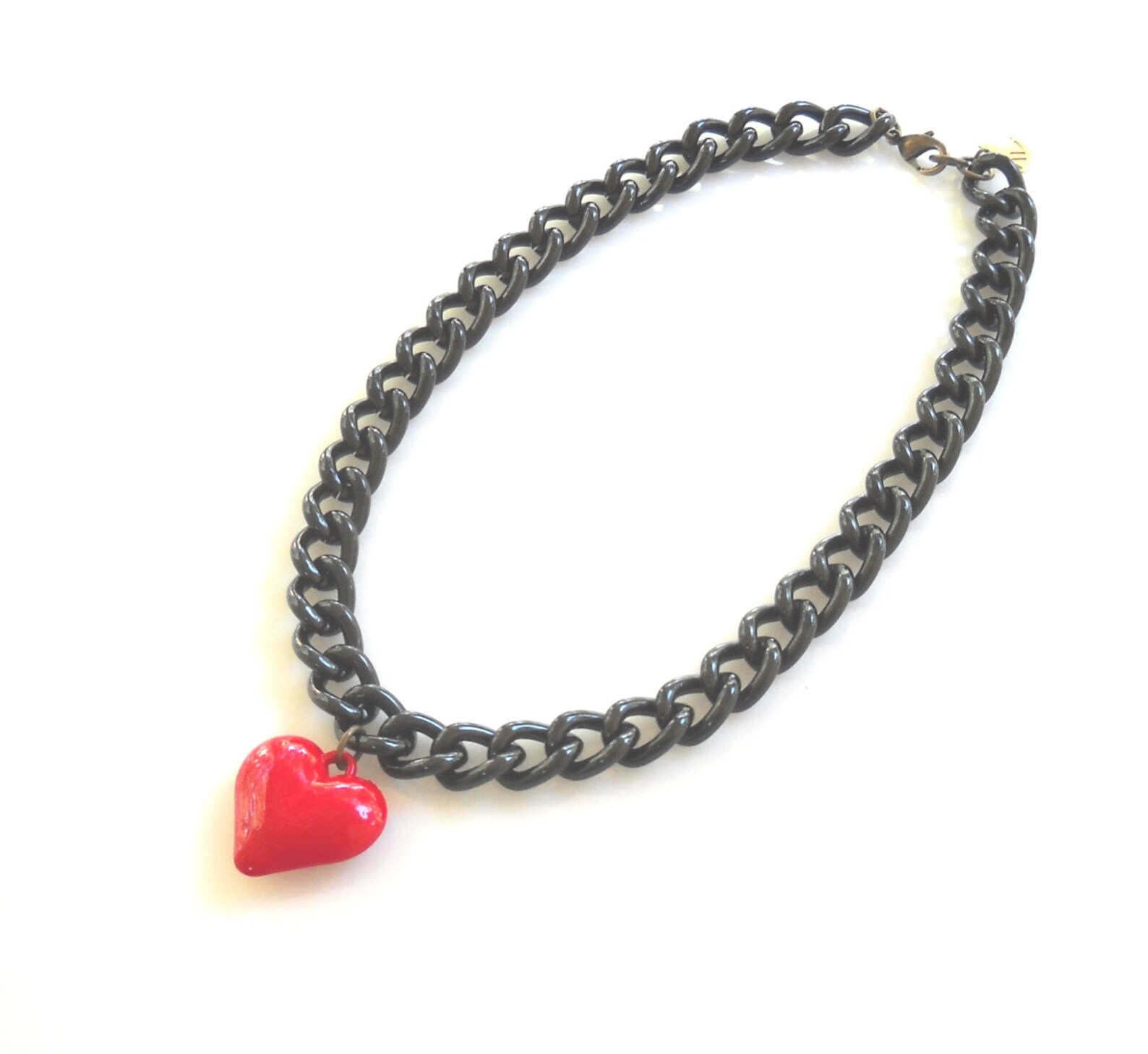 Red Heart Pendant Necklace, Black Chunky Chain Statement Necklace ...