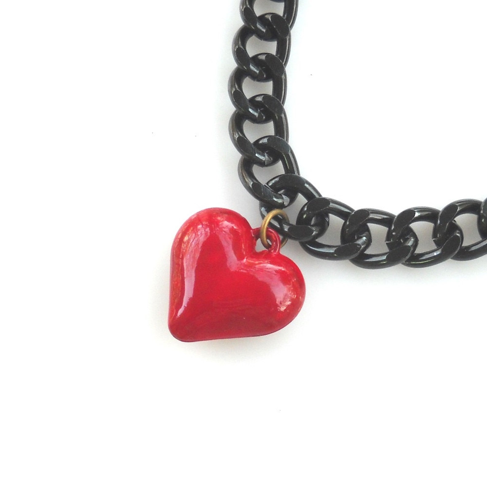 Red Heart Pendant Necklace, Black Chunky Chain Statement Necklace ...