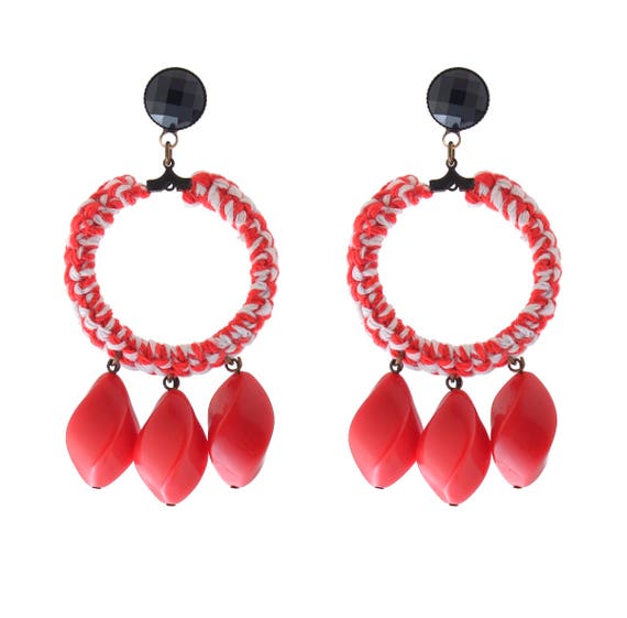 Red Earrings Statement Earrings Textile and Bead Hoop - Etsy