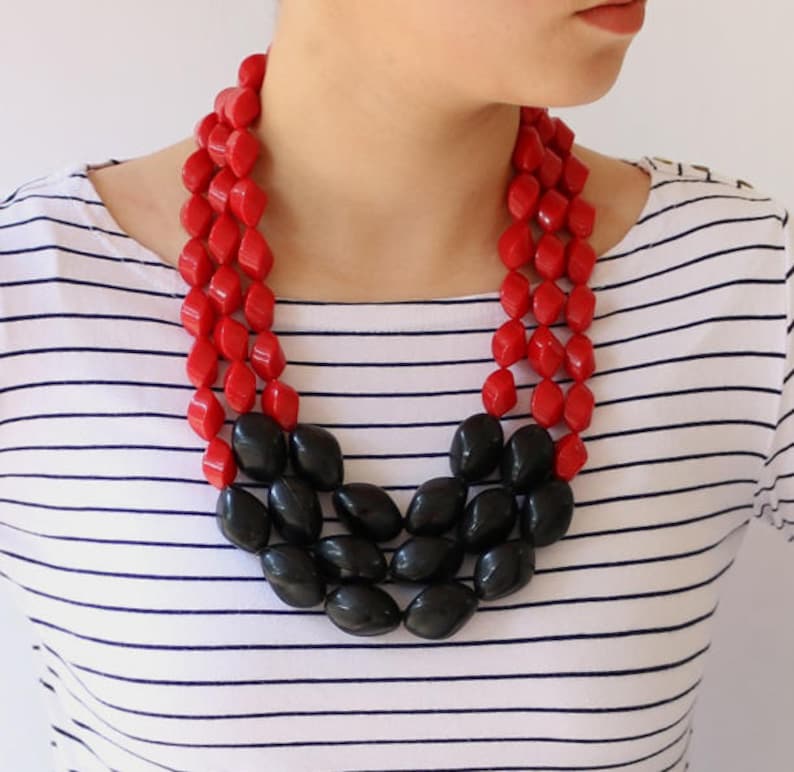 Red Multi Strand Necklace, Bold Statement Necklace, Handmade Beaded ...