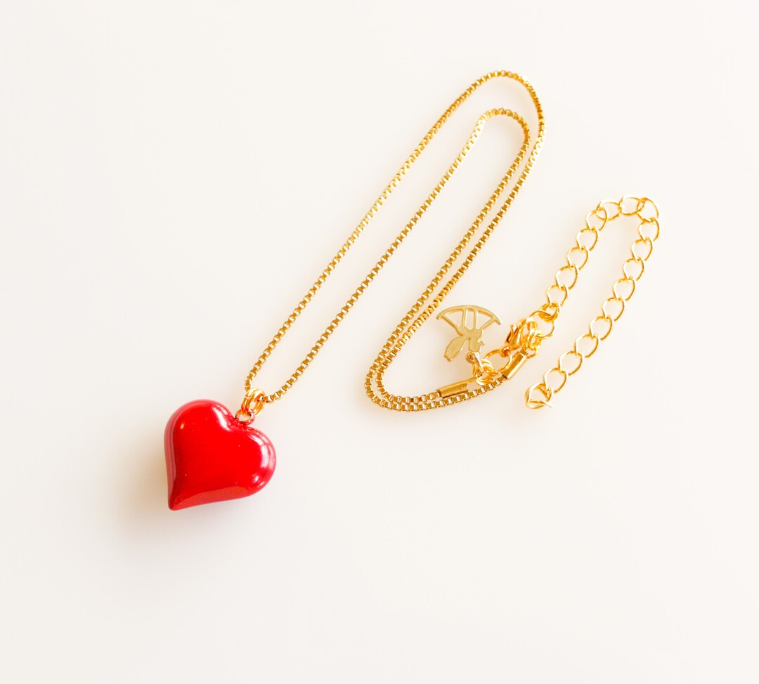 Gold Chain Heart Necklace, Red Heart Charm Necklace, Valentine's Day ...