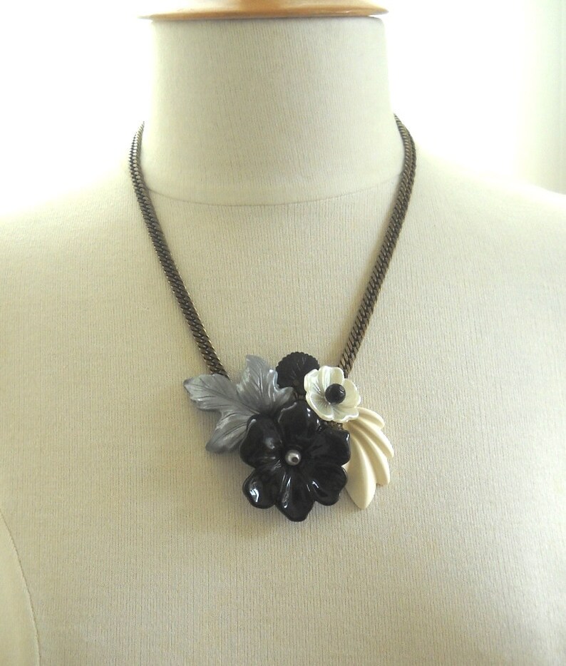 Prom Statement Necklace in Black and White, Flowers Lightweight ...