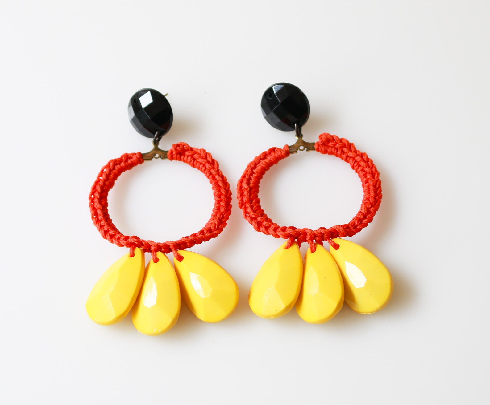 Red Crochet Hoop Earrings, Yellow Acrylic Beads, Boho Hippie Dangle - Etsy