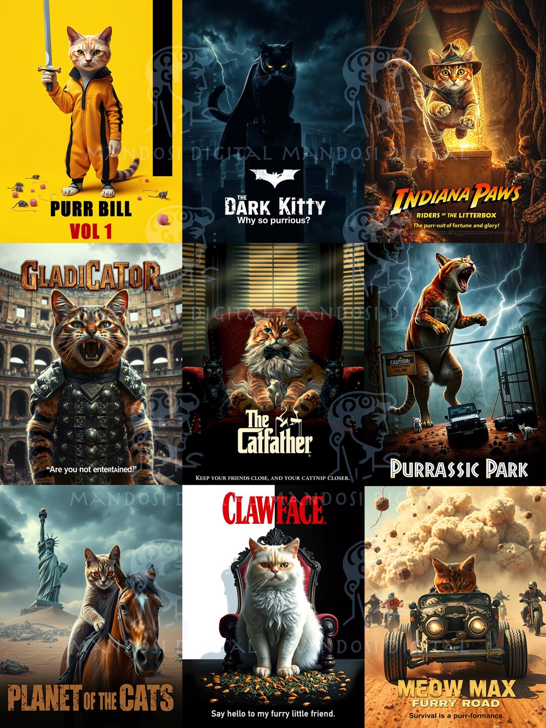 Funny Cat Movie Poster Set | Cat Lovers Gift | Cat Art Parody Prints ...