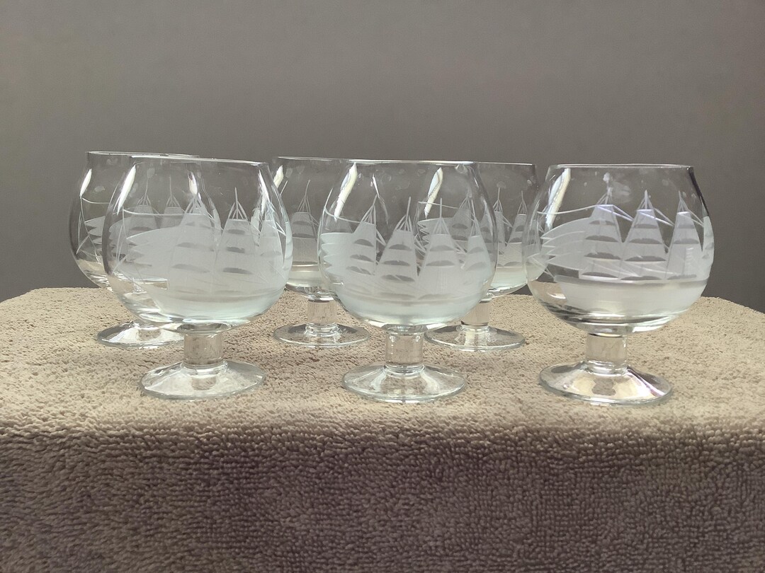 Six Etched. Lipped Ship Brandy Snifters by Toscany - Etsy
