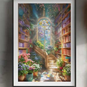 Whimsical Library Wall Art, Cosy Floral Book Nook Poster, Digital ...
