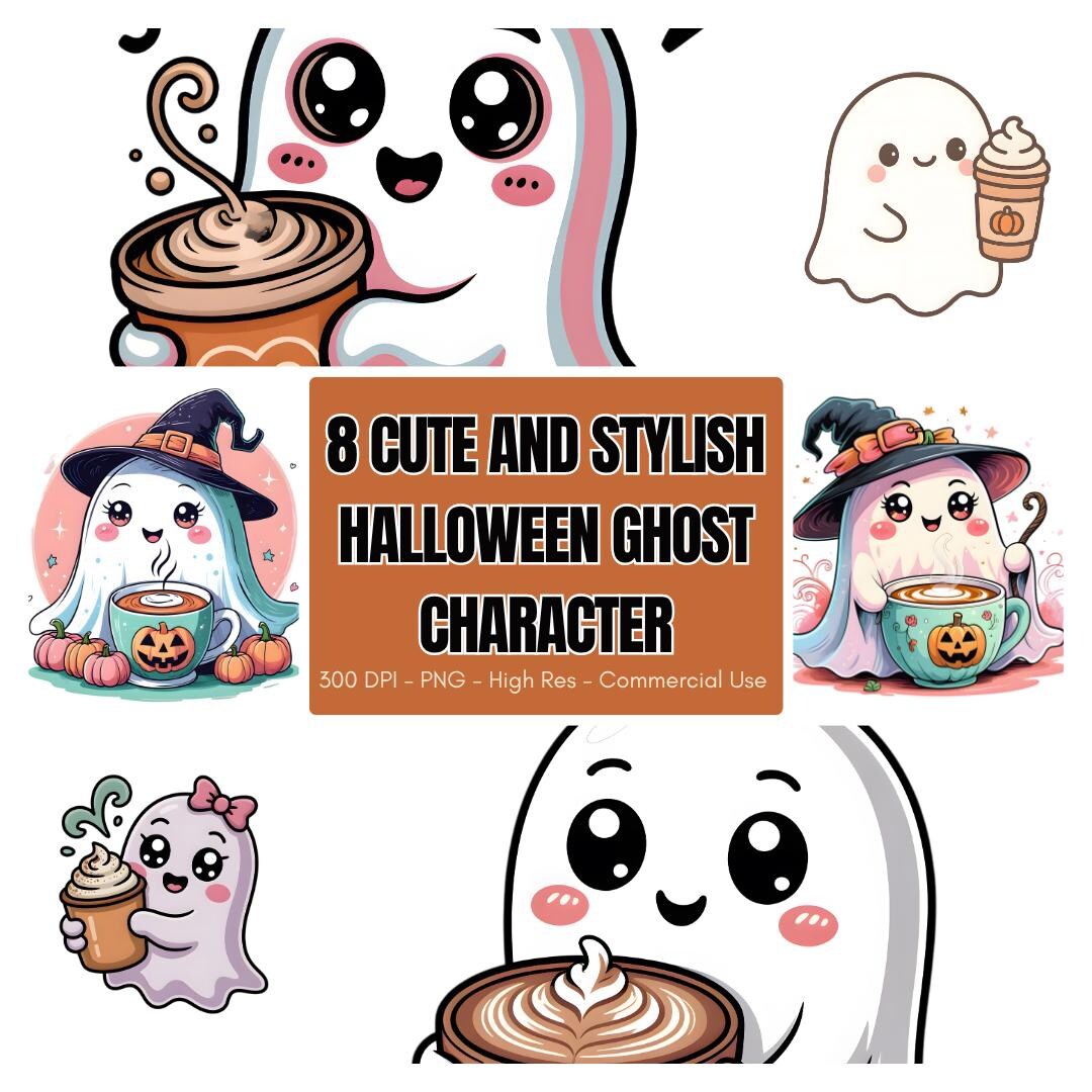Kawaii Halloween Ghost Clipart Bundle: Coffee and Witch Pngs (digital ...