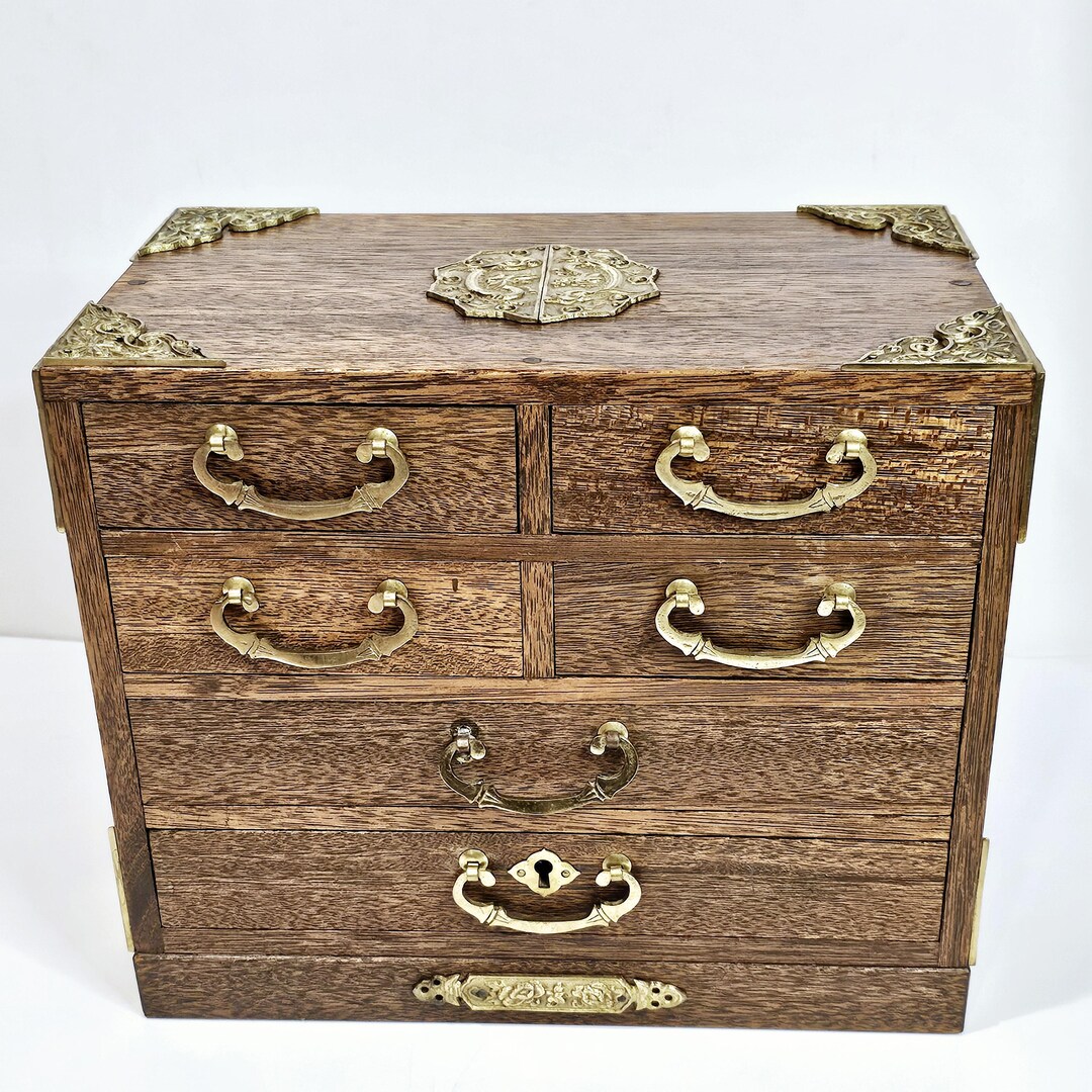 Vintage Wood Japanese Tansu Chest 4 Drawer Jewelry Box Ornate Brass ...