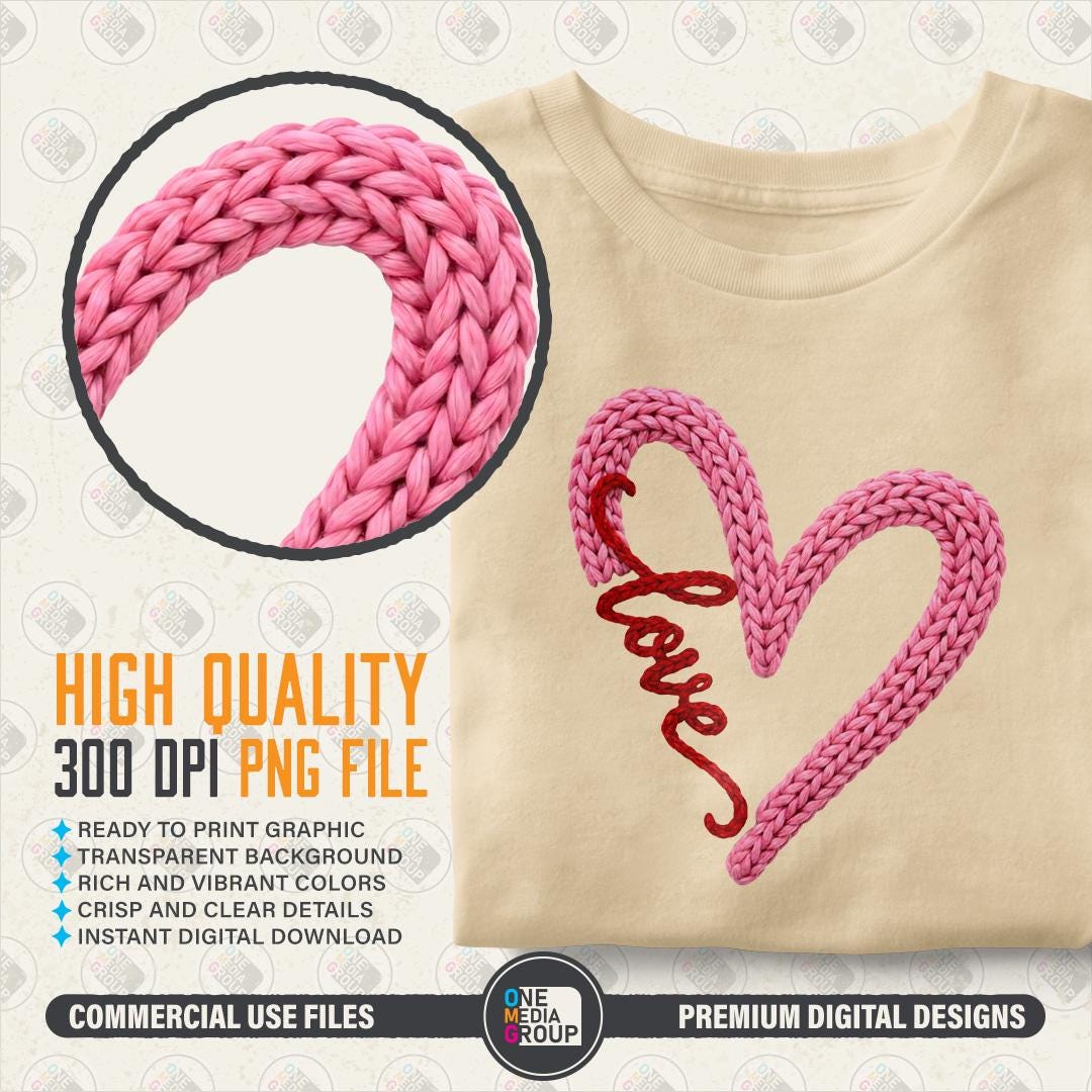 Pink Knitted Heart PNG, Valentine’s Day DTG Design, Faux Embroidery ...