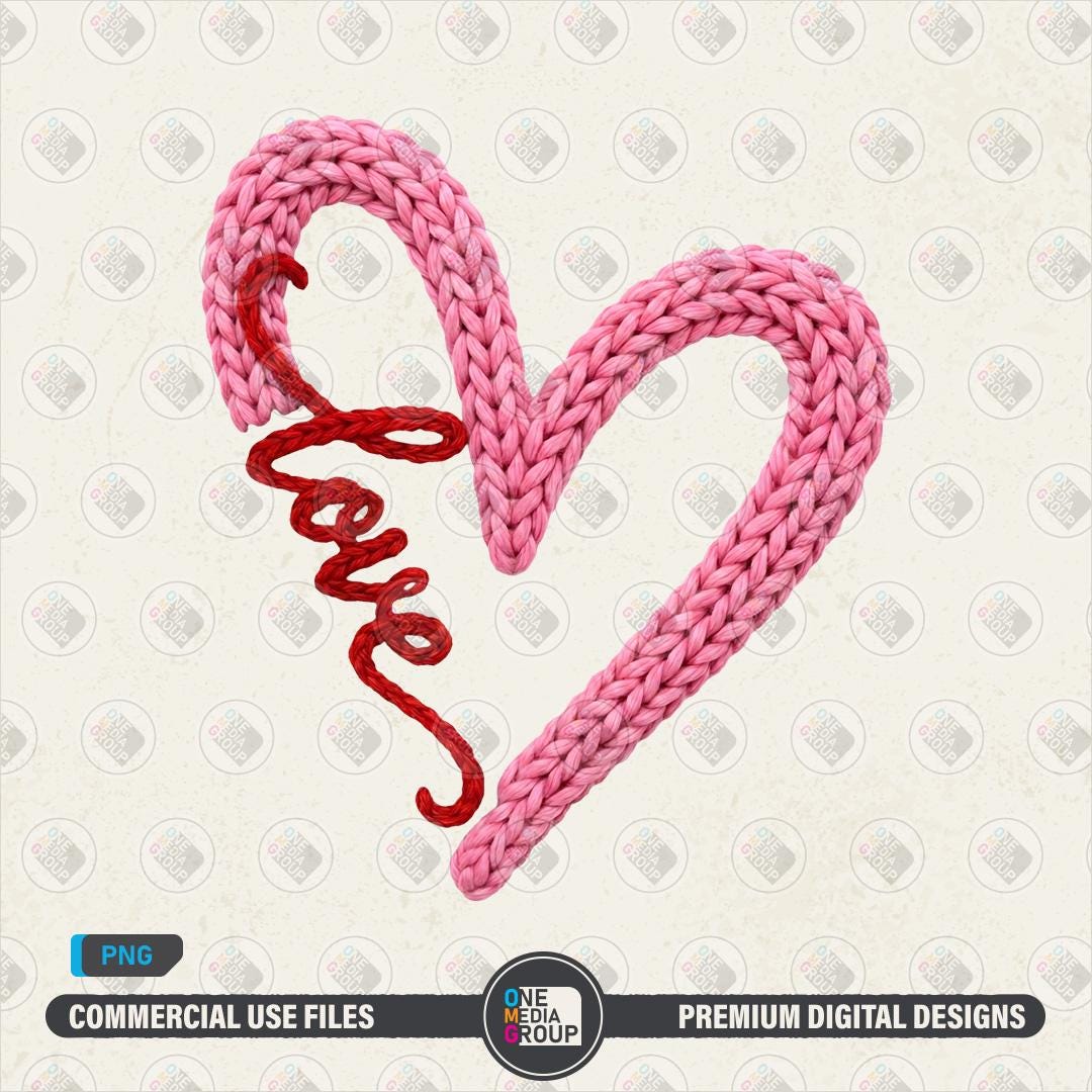 Pink Knitted Heart PNG, Valentine’s Day DTG Design, Faux Embroidery ...