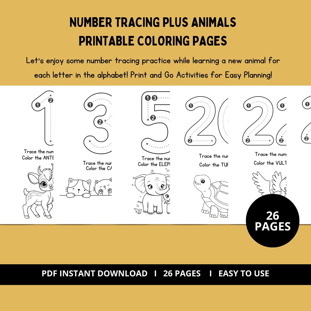 Numbers Tracing Plus Animals Printable Coloring Pages | Instant ...