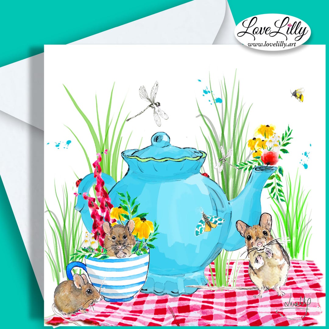 Mice Greetings Card, Teapot Card With Mouse, Wildlife Card, Cottage ...