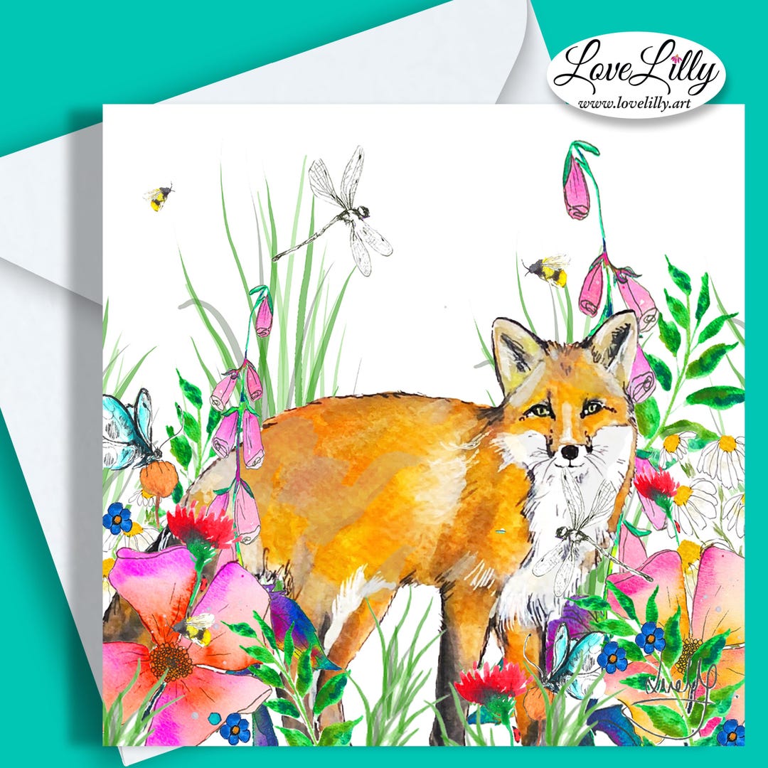 Fox Greetings Card, Wild Flowers Card With Fox, Wildlife Card, Gifts ...