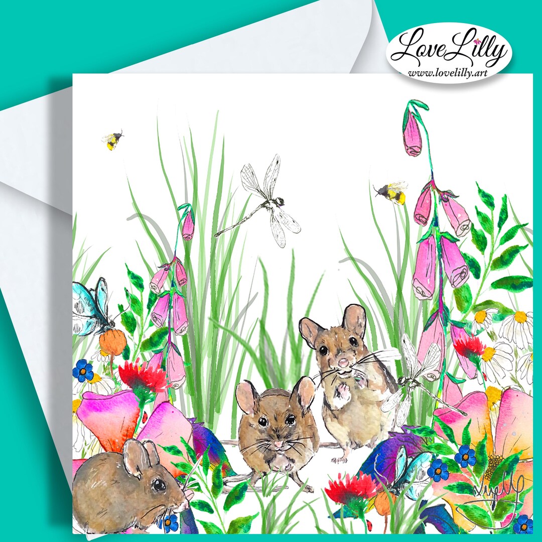 Mice Greetings Card, Wild Flowers Card With Mouse, Wildlife Card, Cute ...