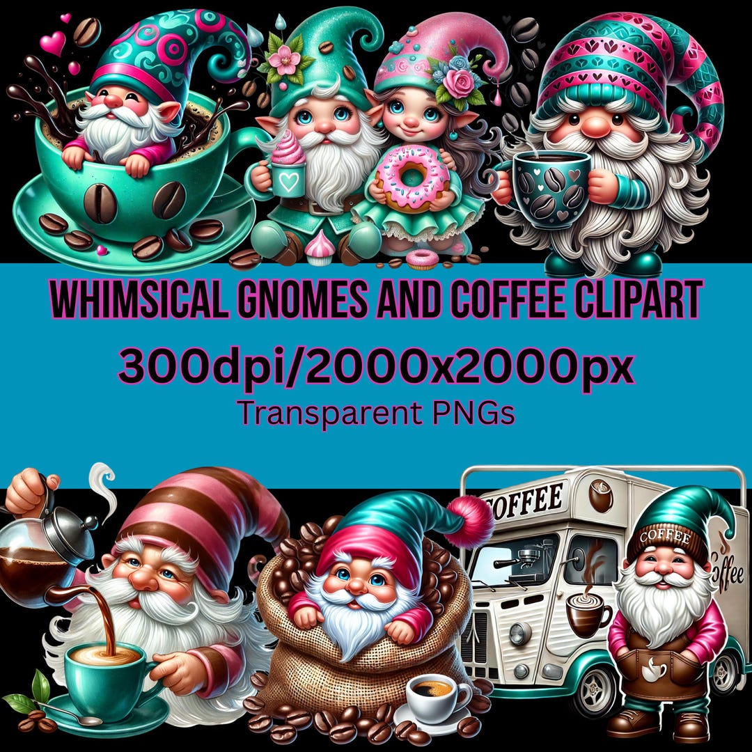 Coffee Gnome Clipart Set, Cute Gnomes With Donuts, Espresso, to Go Cups ...