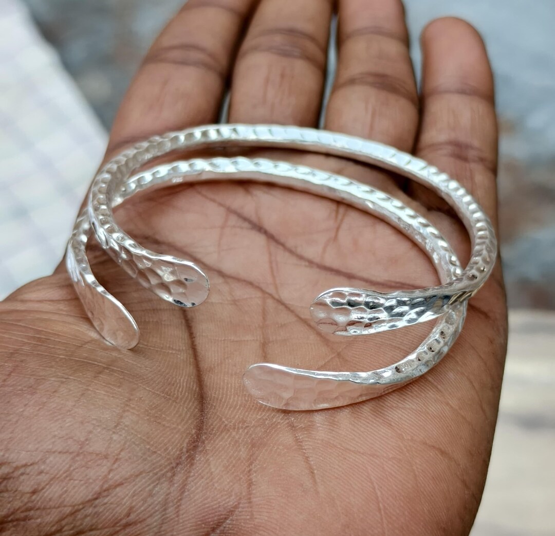2 Set Solid Sterling Silver Adjustable Bangle, Handmade 925 Sterling ...
