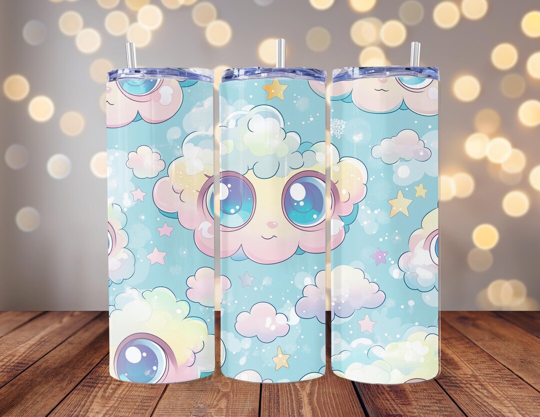 Kawaii Chibi Anime Tumbler Wrap Pastel Clouds & Stars 3D Inflated ...