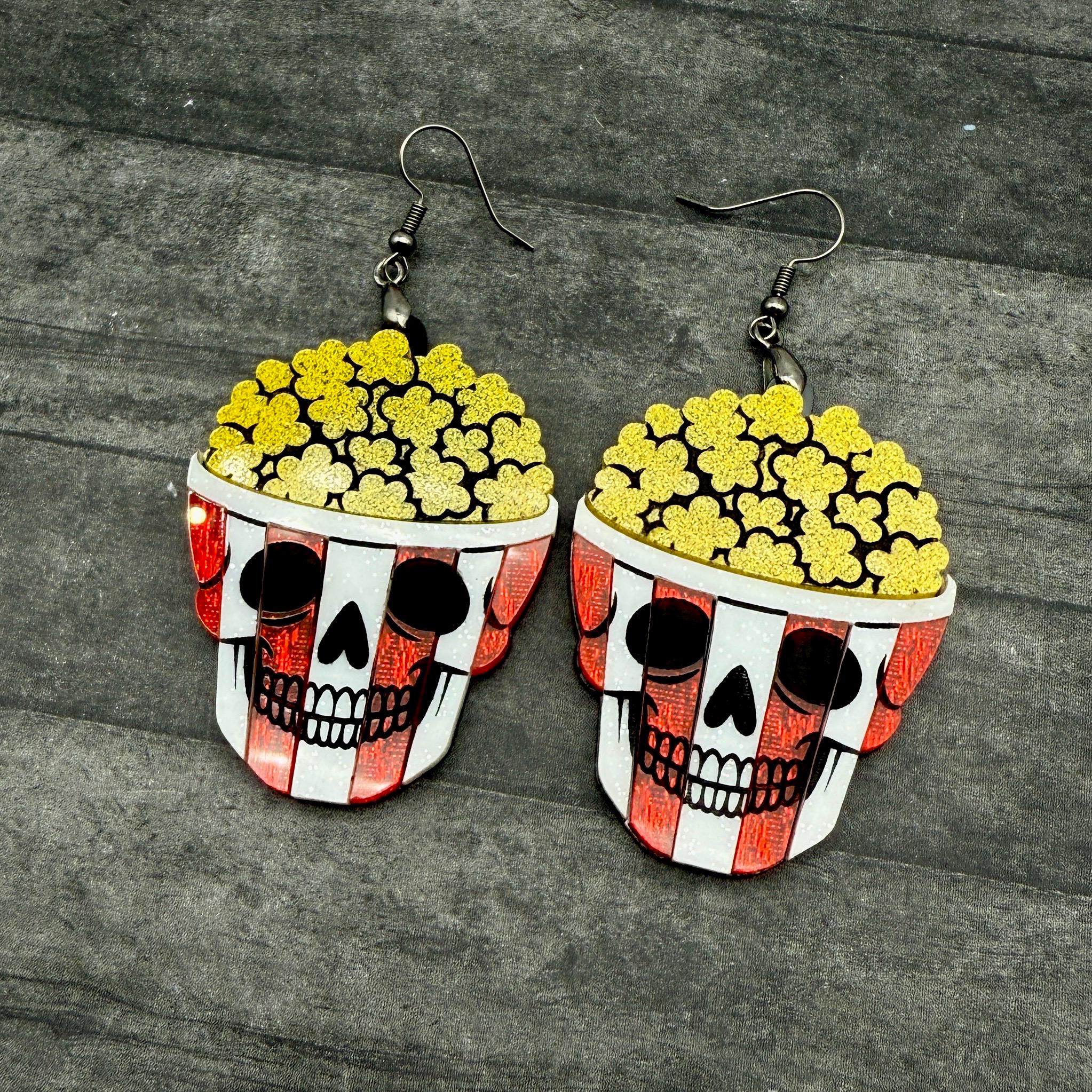 Skull Popcorn Bucket Earrings SVG | Horror Movie Earring Laser Cut File ...