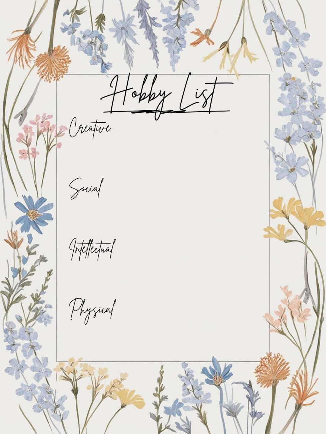 Pastel Floral Hobby List Template | Cute Printable Planner for Women ...