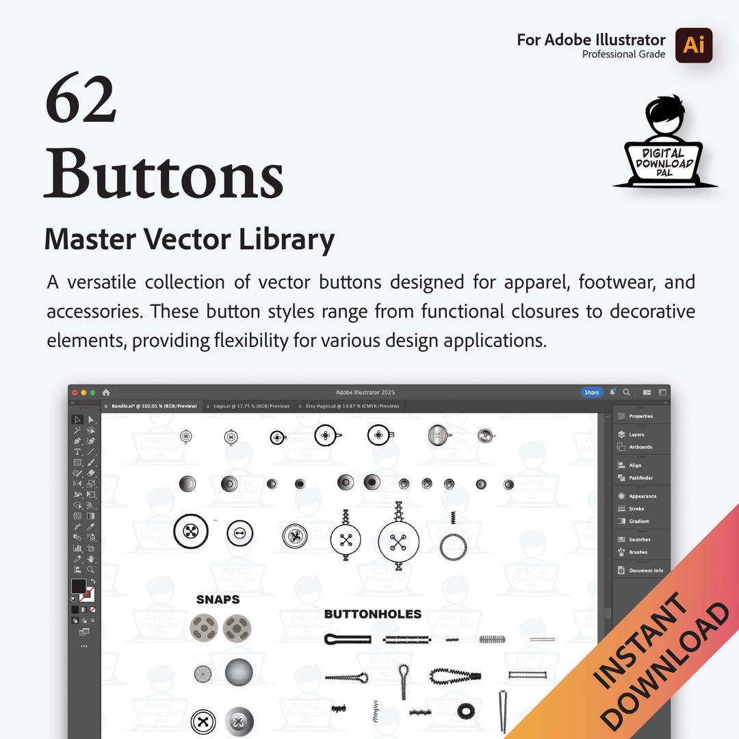 Adobe Illustrator Vector Brushes 62 Buttons for Technical Design ...